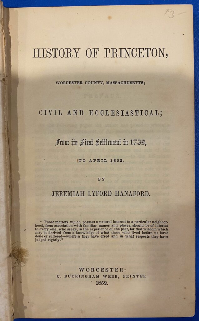 History of Princeton, MA, 1852 - Princeton Historical Society
